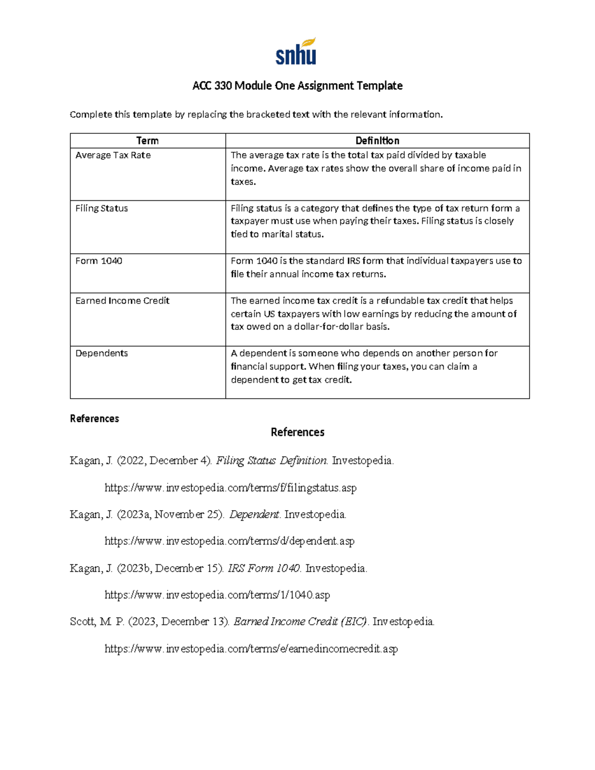 ACC 330 Module One Assignment - Term Definition Average Tax Rate The ...