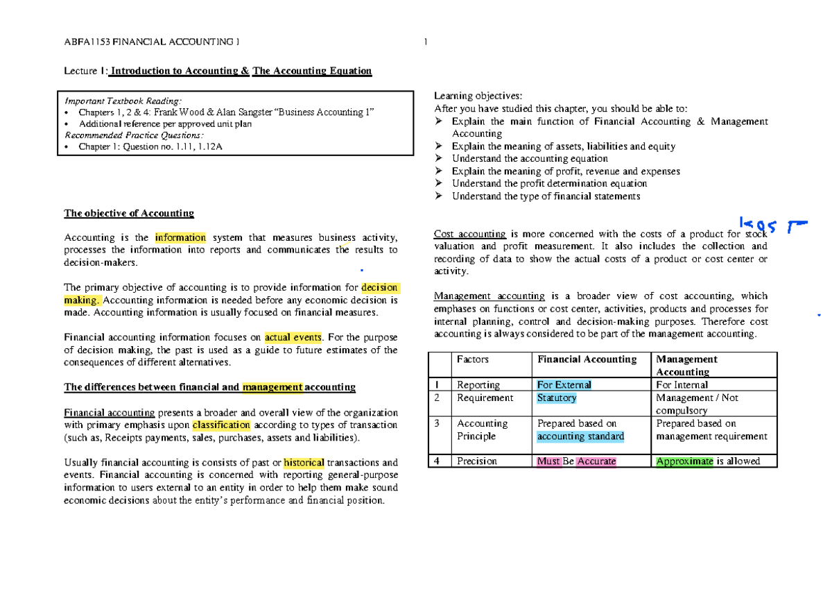 ACC Lec 1 - Lecture 1 : Introduction to Accounting & The Accounting ...