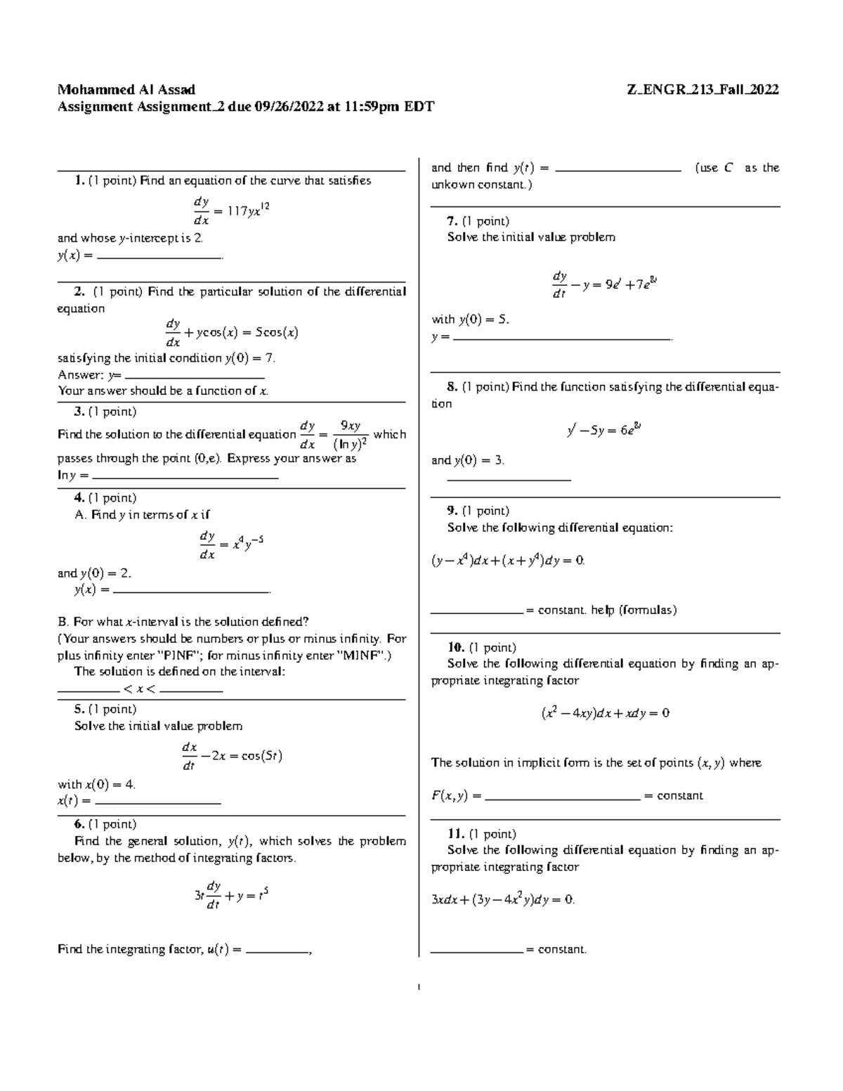 Z ENGR 213 Fall 2022 - Mohammed Al Assad ZENGR 213 Fall 2022 Assignment Assignment2 due 09/26 ...
