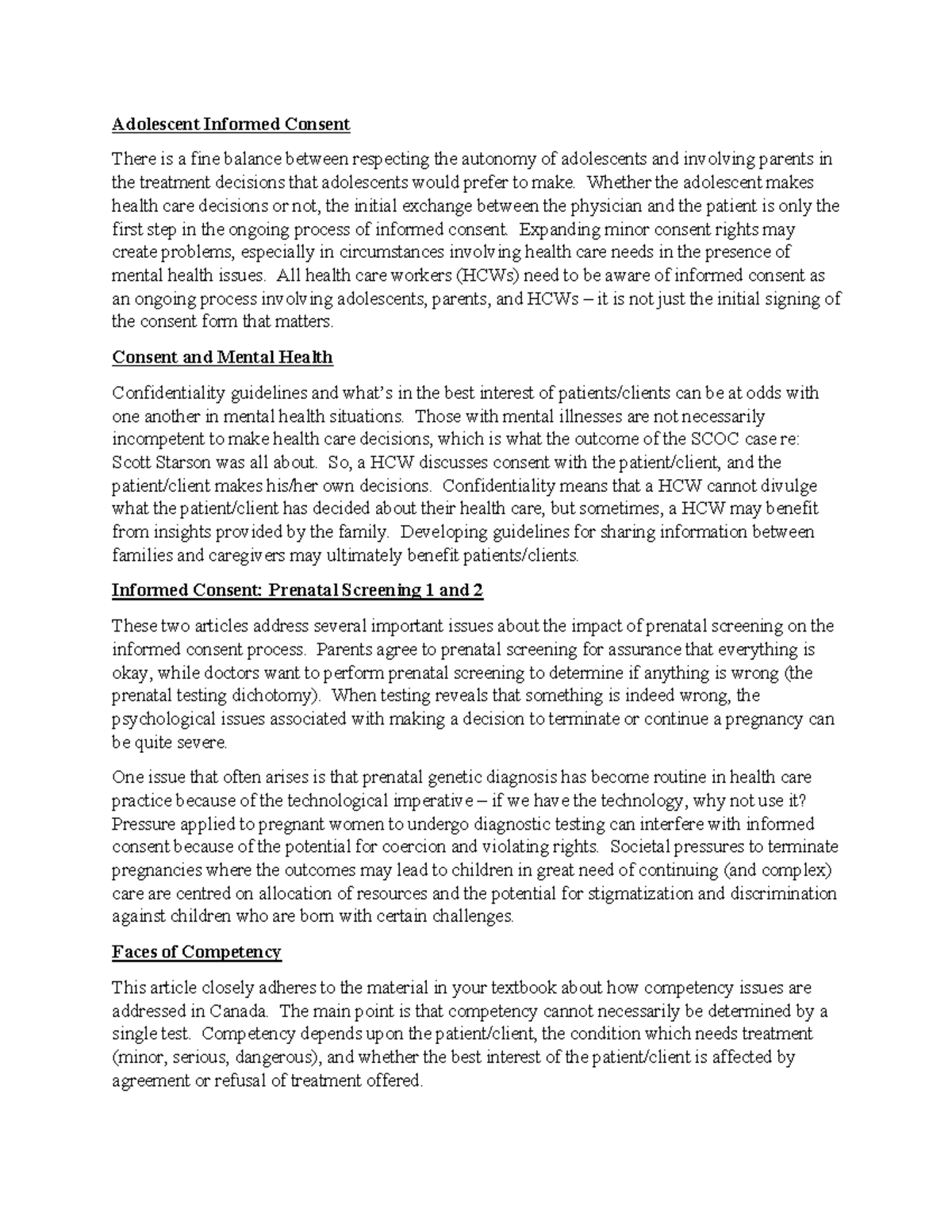 Lecture Notes, Lecture 9, Capacity and Consent Articles - Adolescent ...