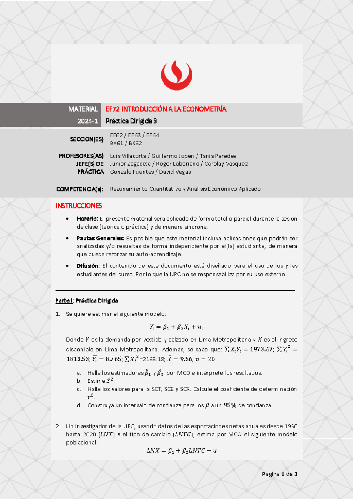 EF72 PD3 2024-1 - Practicas dirigidas - Página 1 de 3 INSTRUCCIONES Horario: El presente ...