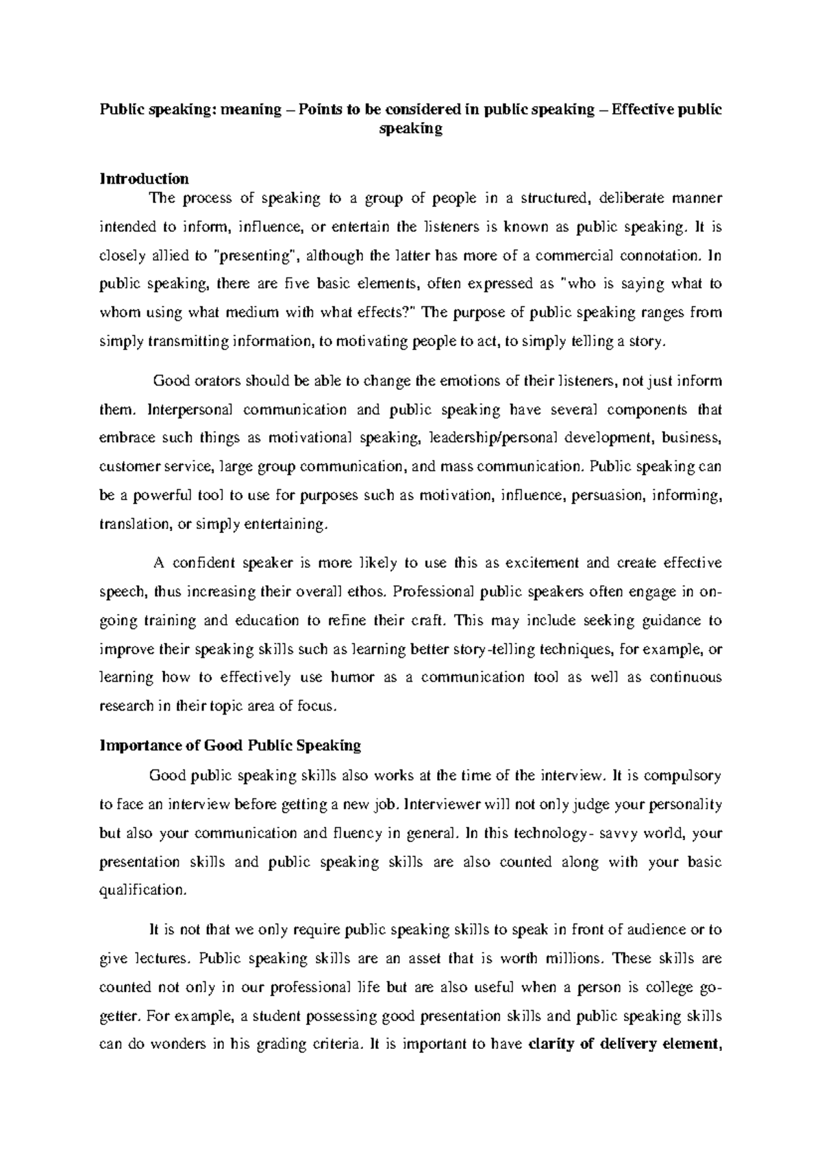 Public Speaking - Class Notes - Public speaking: meaning – Points to be ...