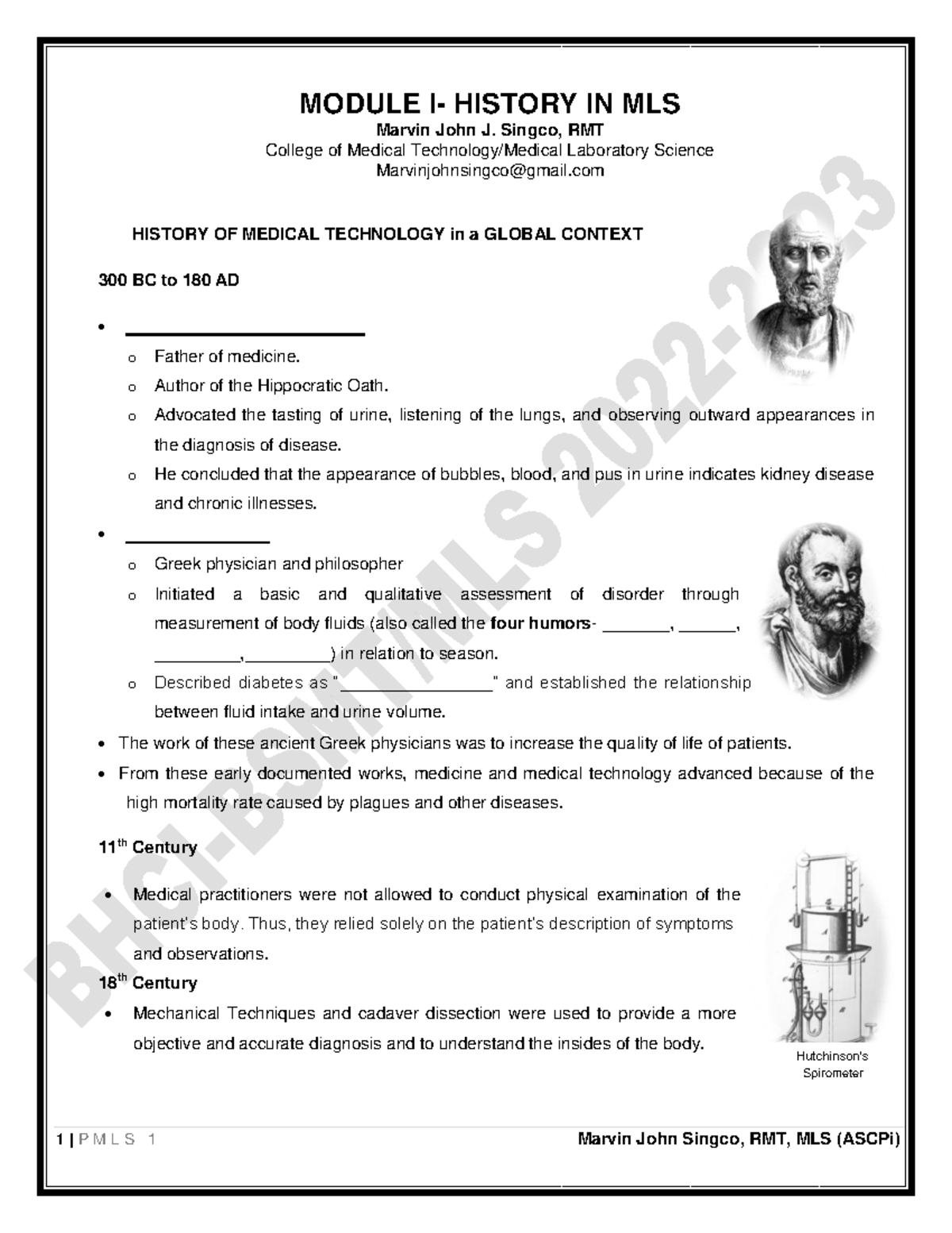 Pmlsp 1 Module 1 - MODULE I- HISTORY IN MLS Marvin John J. Singco, RMT ...