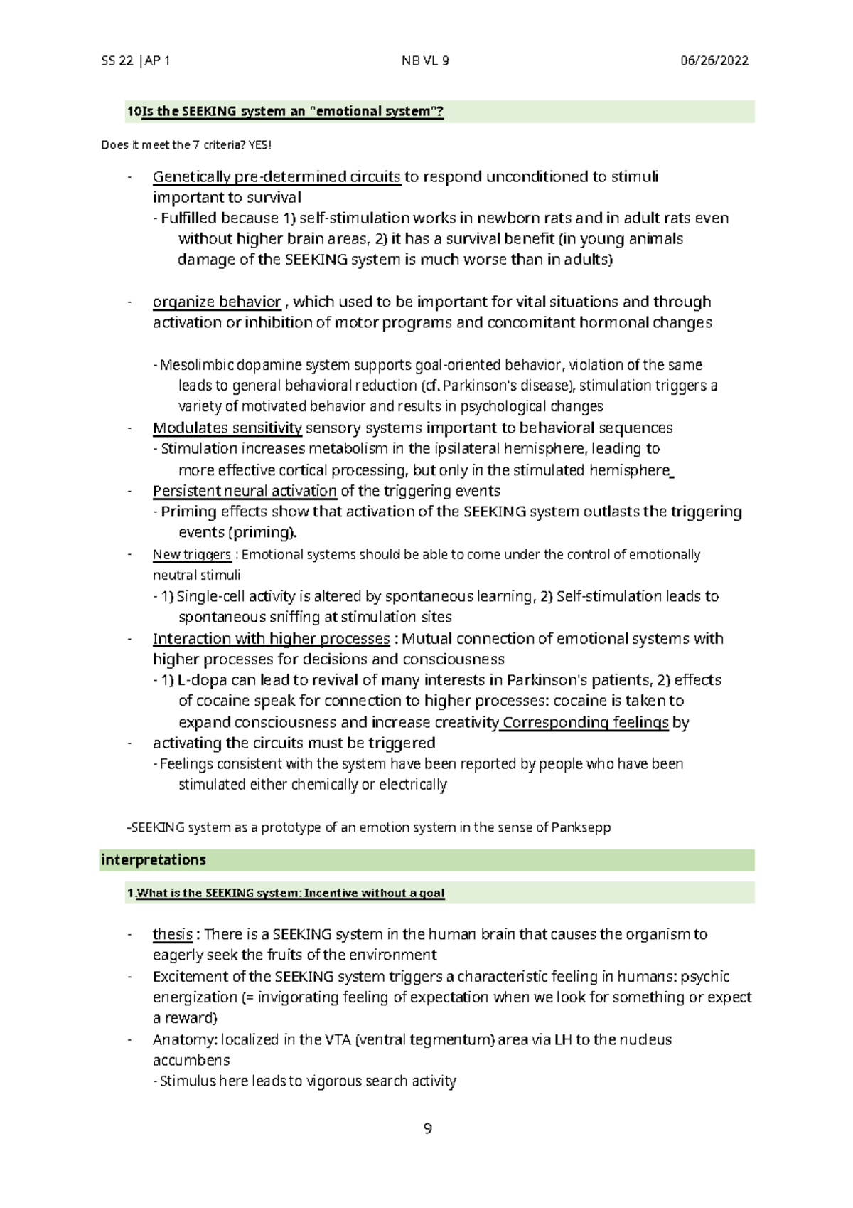 Summary 9.4 - Seeking as an emotional system - SS 22 |AP 1 NB VL 9 06 ...