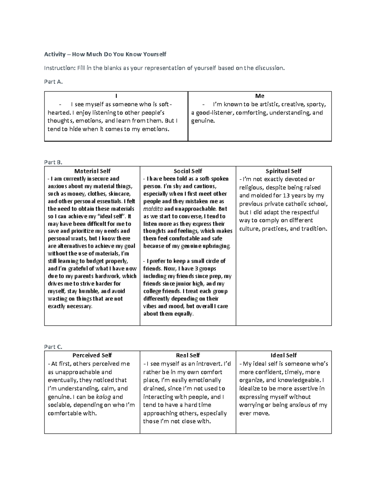 Activity Week 5 - eme eme - Activity – How Much Do You Know Yourself ...