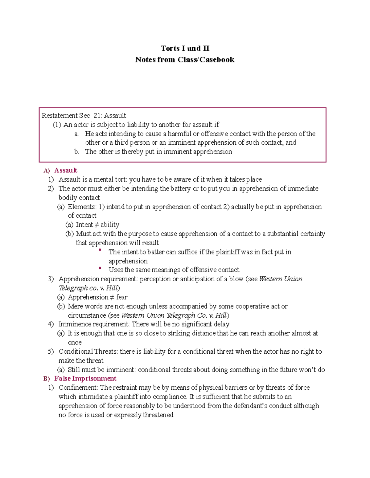 Assault and False Imprisonment - Torts I and II Notes from Class ...