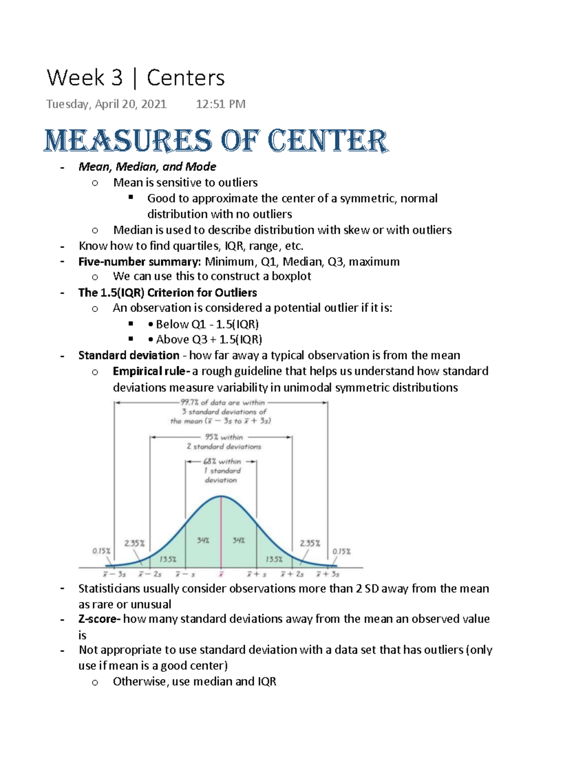 Stats Week 3 Measures of Center - Stats 10 - UCLA - Studocu