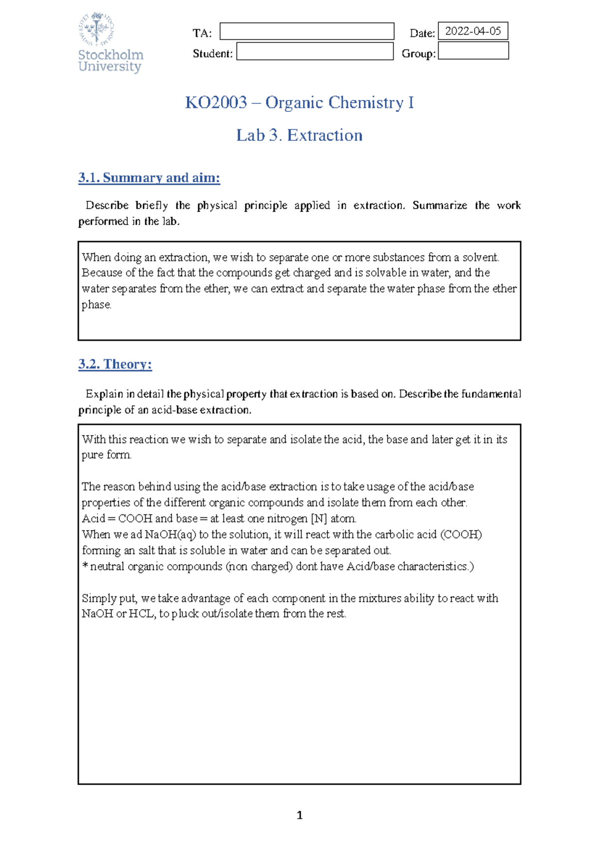 Lab Report- Extraction (Organic Chemistry I Lab 3. Extraction ...