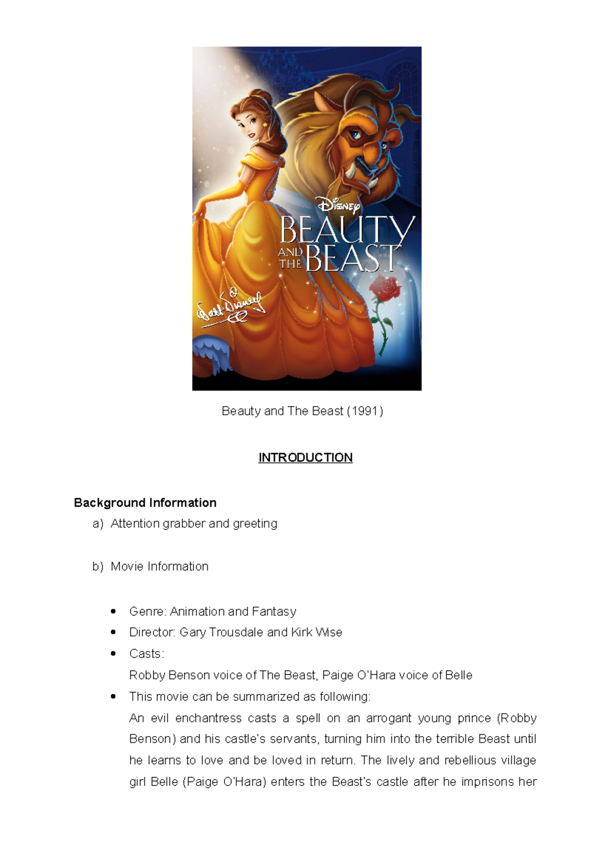 ELC 231 ORAL Commentary - Beauty and The Beast (1991) INTRODUCTION ...