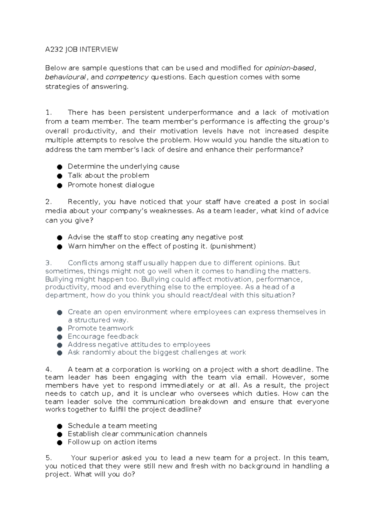 A232 JOB Interview - A232 JOB INTERVIEW Below are sample questions that ...