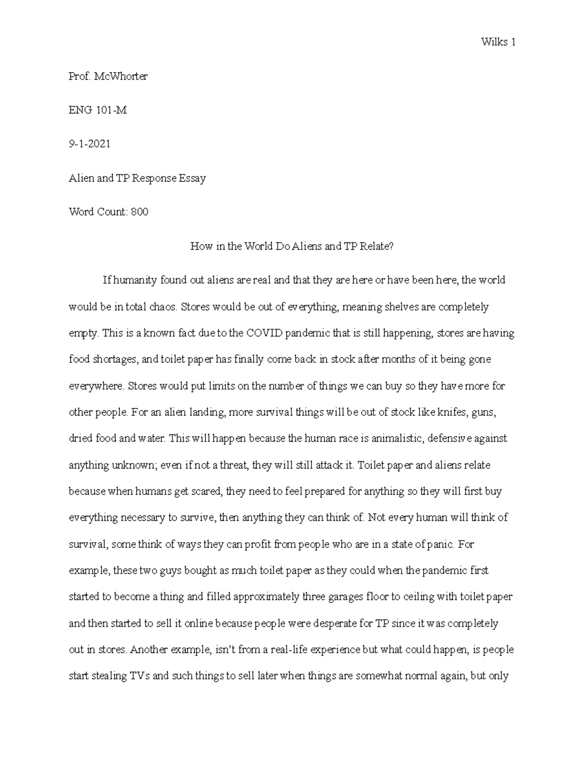 Aliens Respone Essay - Grade: A+ - Wilks 1 Prof. McWhorter ENG 101-M 9 ...