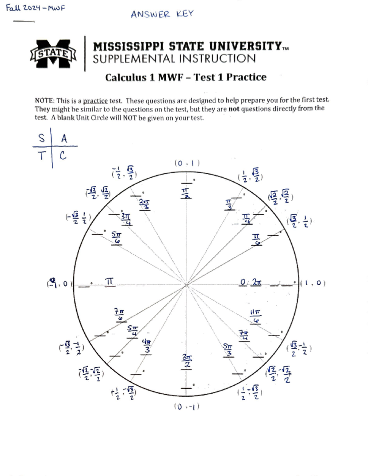 Calculus 1 Practice Test 1 Answers - Fall ANSWER KEY MISSISSIPPI STATE ...