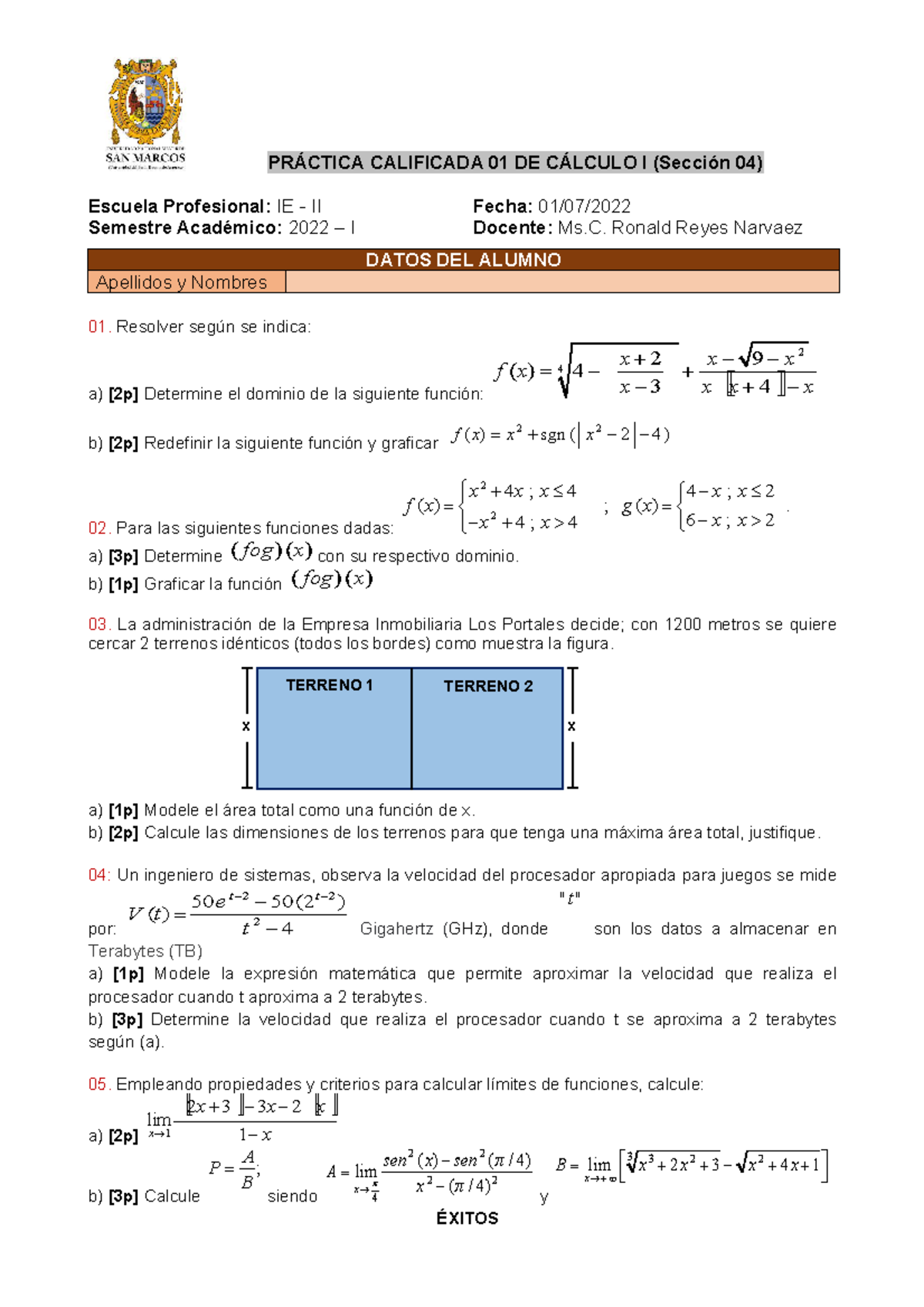 PC 1 - calculo 1 - PRÁCTICA CALIFICADA 01 DE CÁLCULO I (Sección 0 4 ...