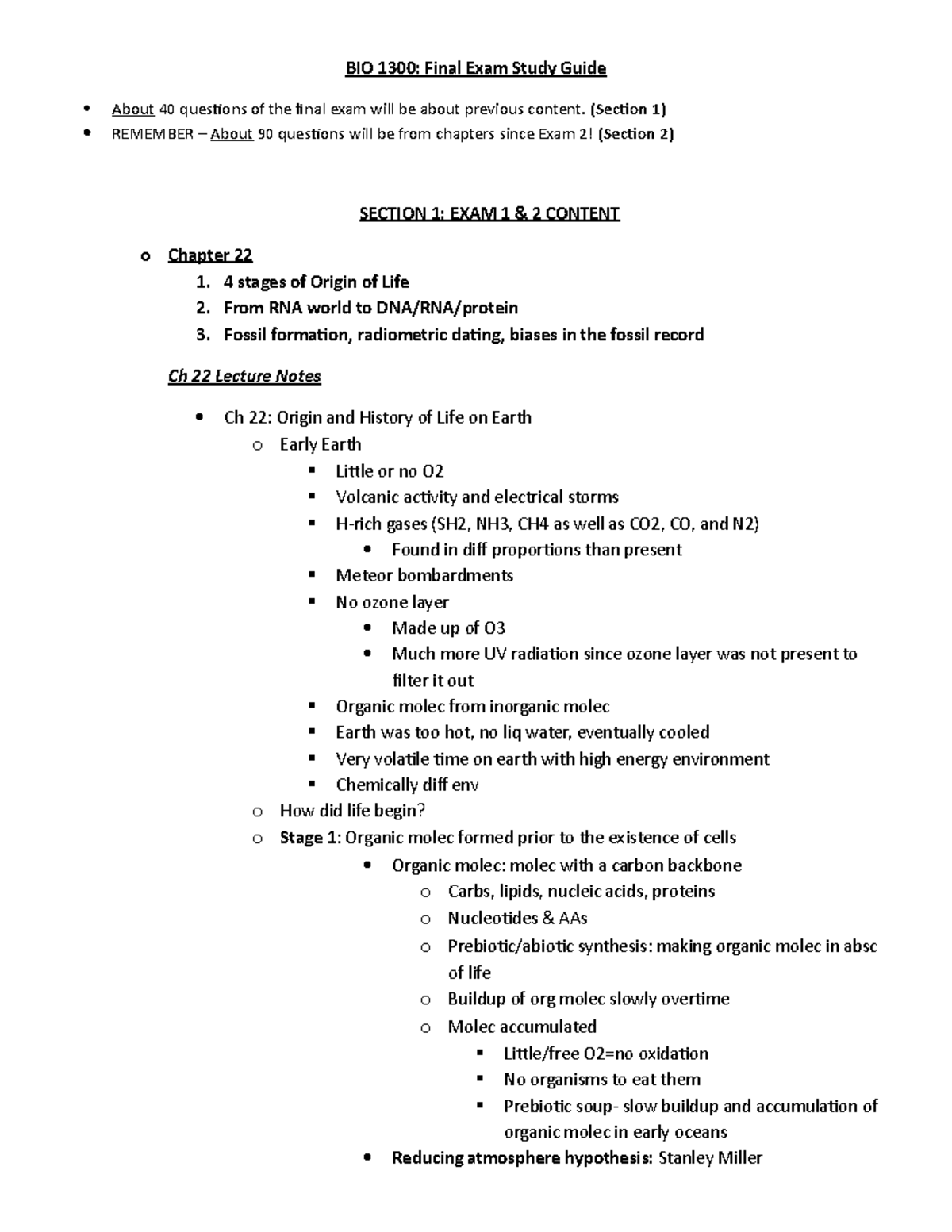 BIO 1300 Online Final Exam Study Guide Winter 2019 - BIO 1300: Final ...