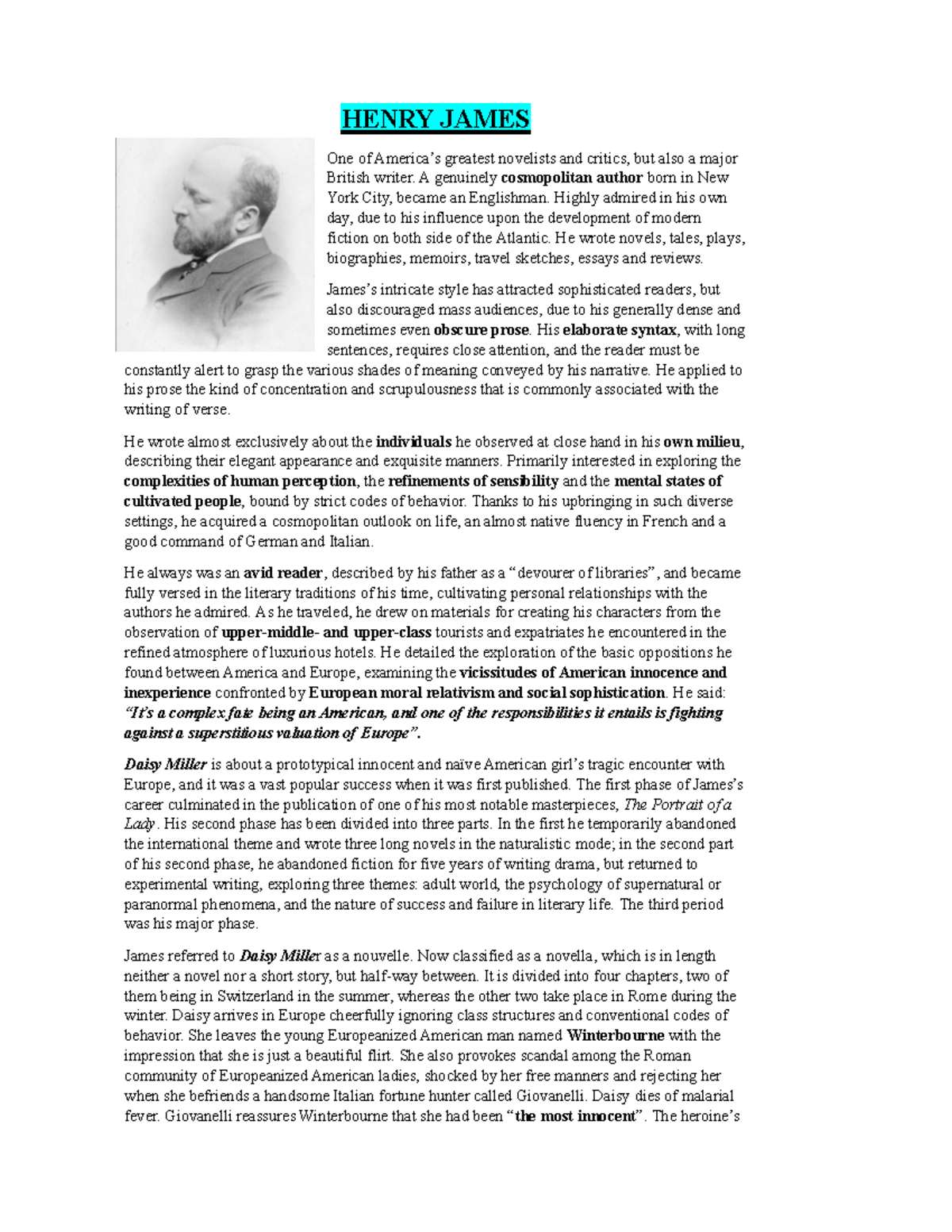 Henry James - Summary and exploratory questions related to the author ...