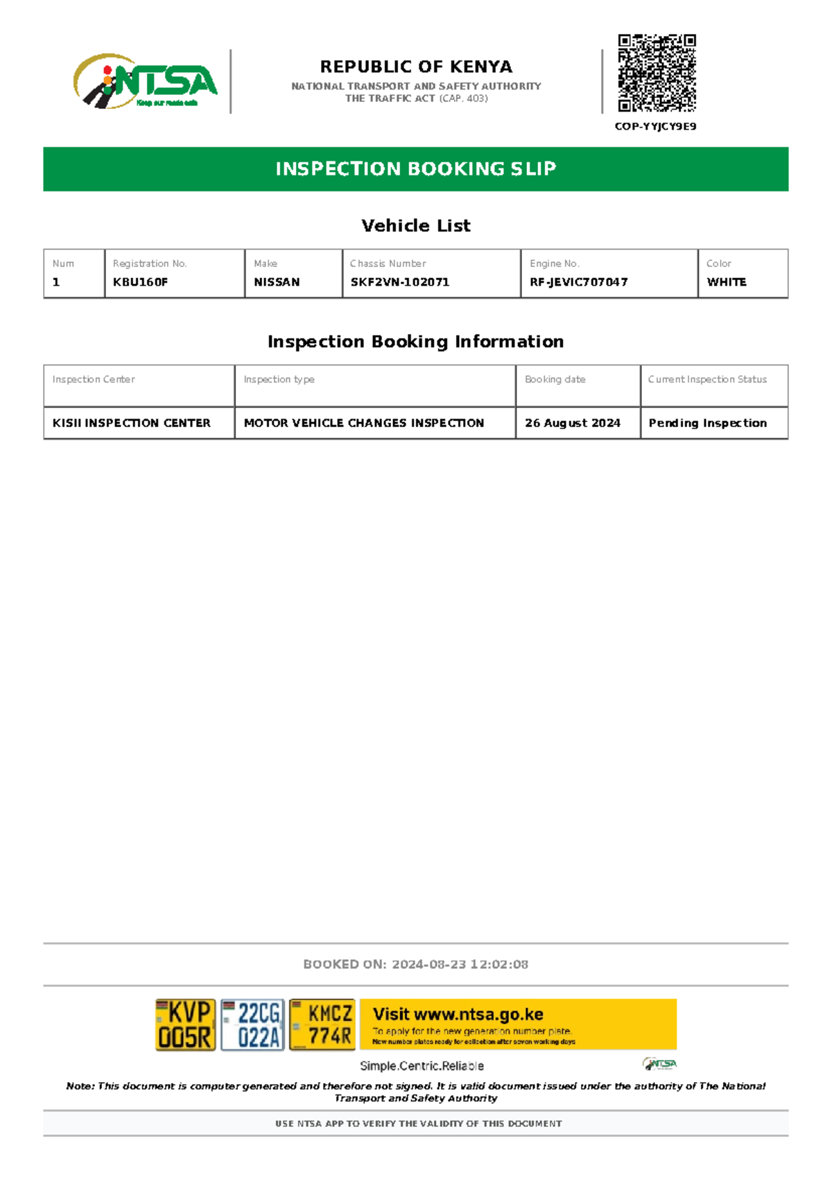 COP- Yyjcy 9E9-Booking Slip - REPUBLIC OF KENYA NATIONAL TRANSPORT AND ...