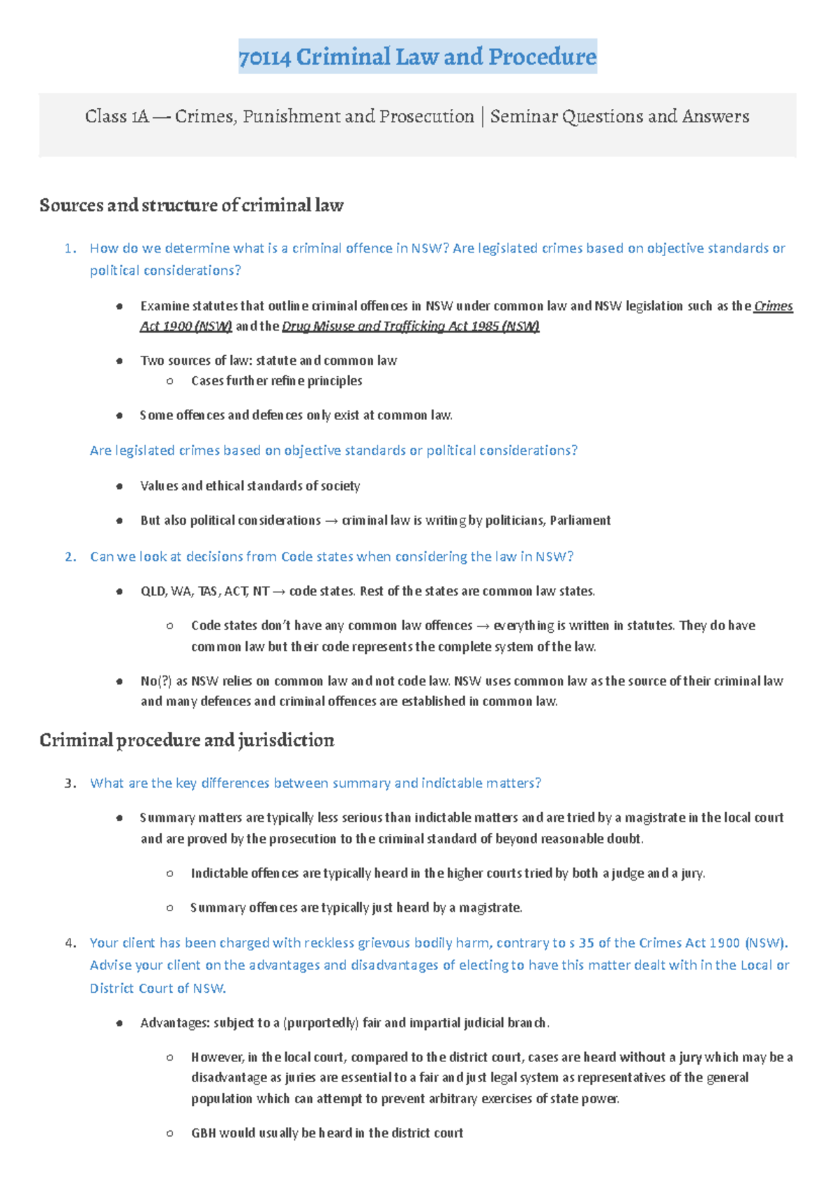 Notes for assessment 1 (Modules 1B - 5A) - 70114 Criminal Law and ...