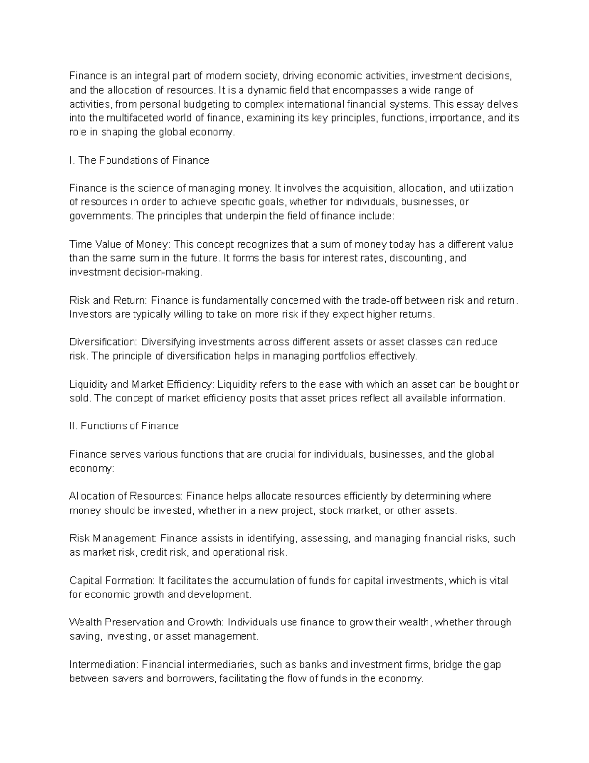 Finance - essay - Finance is an integral part of modern society ...