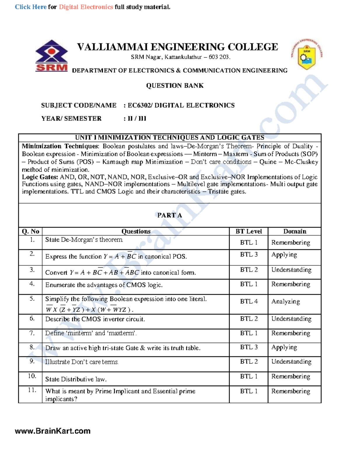 210 - EC8392, EC6302 Digital Electronics - Question Bank 1 - Click Here for Digital Electronics ...