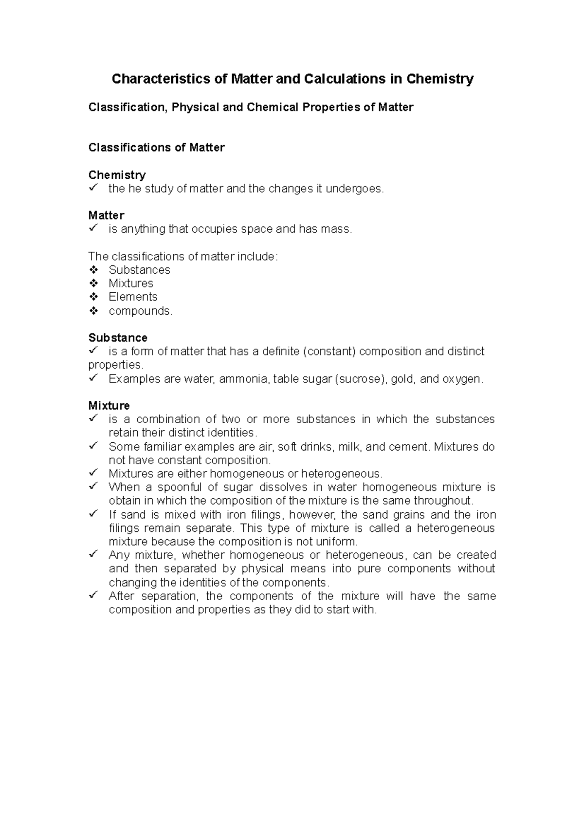 Characteristics of Matter and Calculations in Chemistry ...