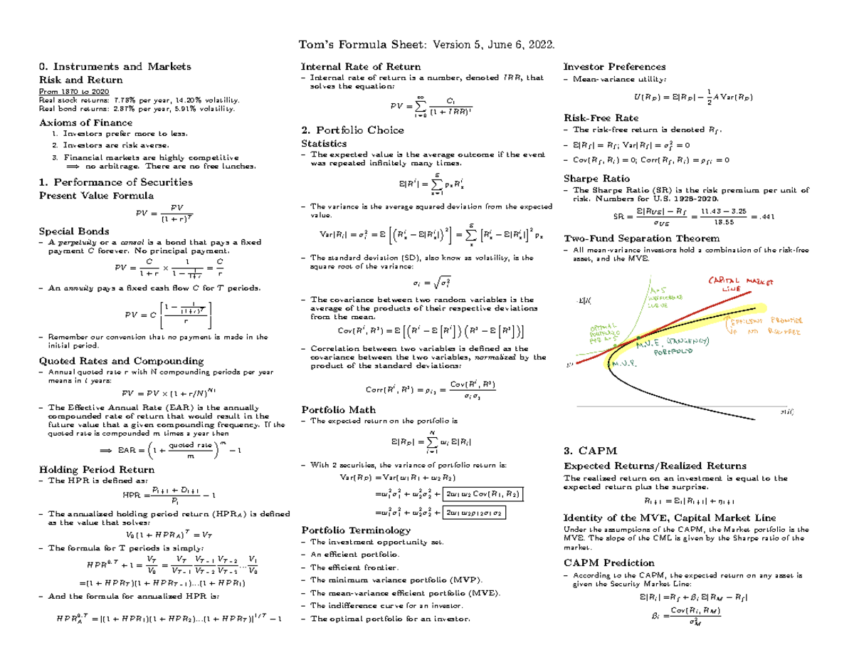 Cheat sheet v5 - notes - Tom’s Formula Sheet: Version 5, June 6, 2022 ...