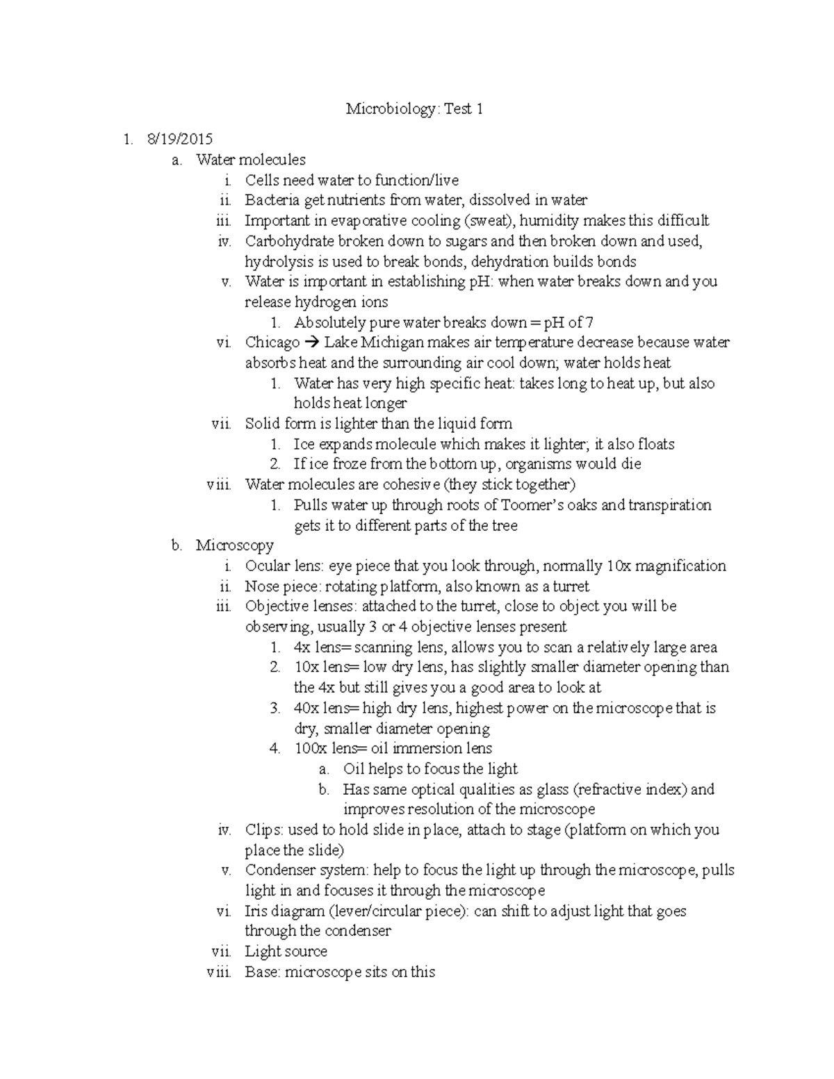 Microbiology test 1 tnotes - Microbiology: Test 1 1. a. Water molecules ...