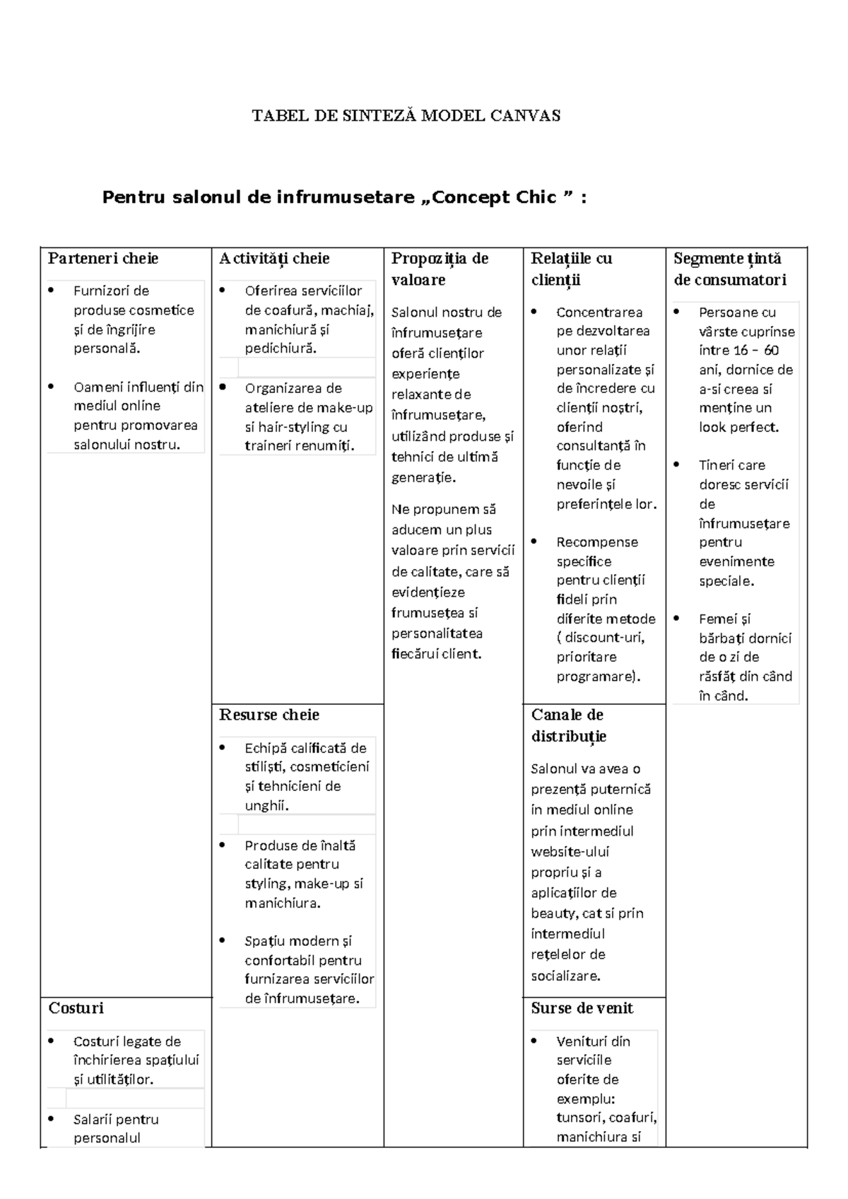 Tabel de sinteza - Concept Chic - TABEL DE SINTEZĂ MODEL CANVAS Pentru ...