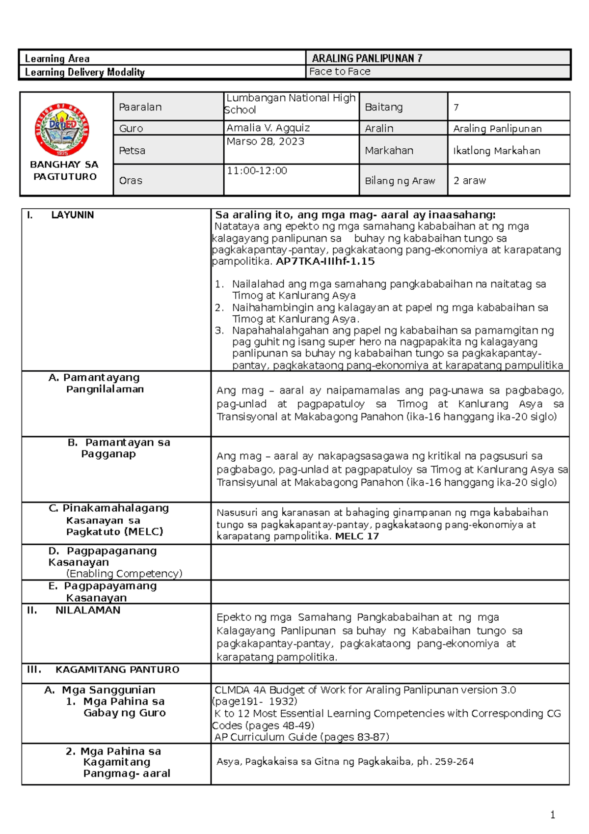AVA DEMO AP 7 Q3 Week 5 Day 2 - Learning Area ARALING PANLIPUNAN 7 ...