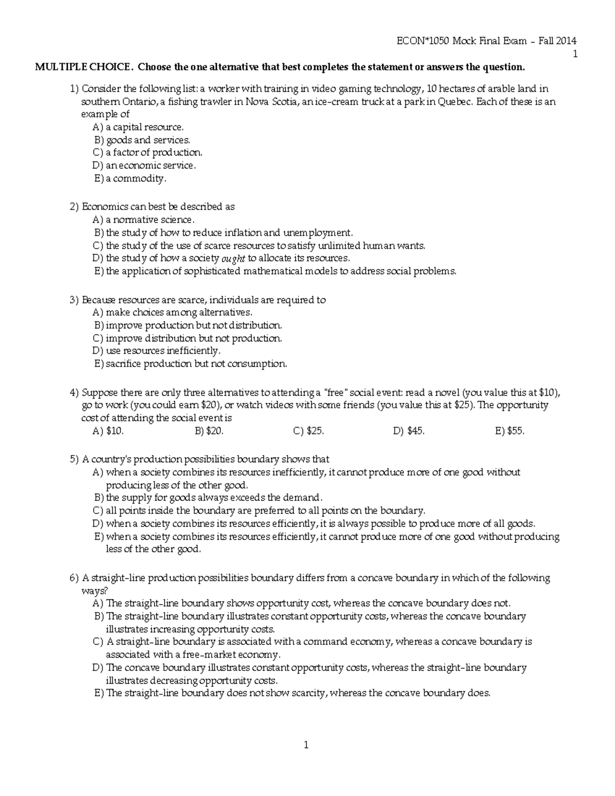 Fall 1050 Mock Final - practice questions - ECON*1050 Mock Final Exam ...