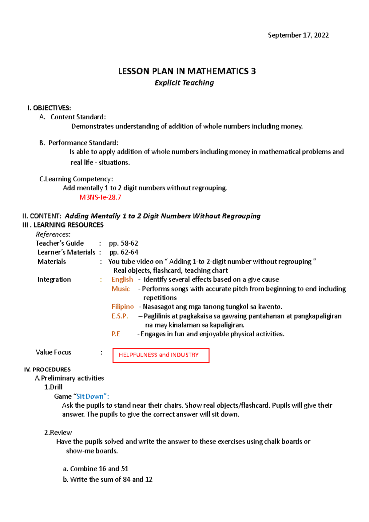 1st-quarter-cot-math - September 17, 2022 LESSON PLAN IN MATHEMATICS 3 Explicit Teaching I ...