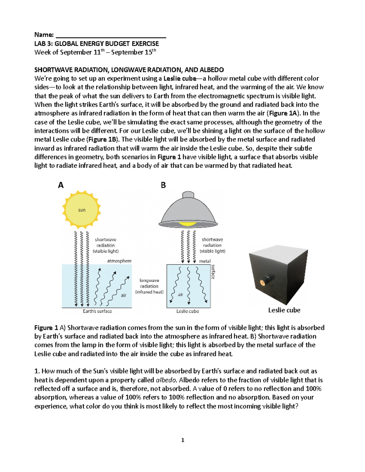 Lab 3 Exercise - Global Energy Budget - Week of September 11th - Name ...