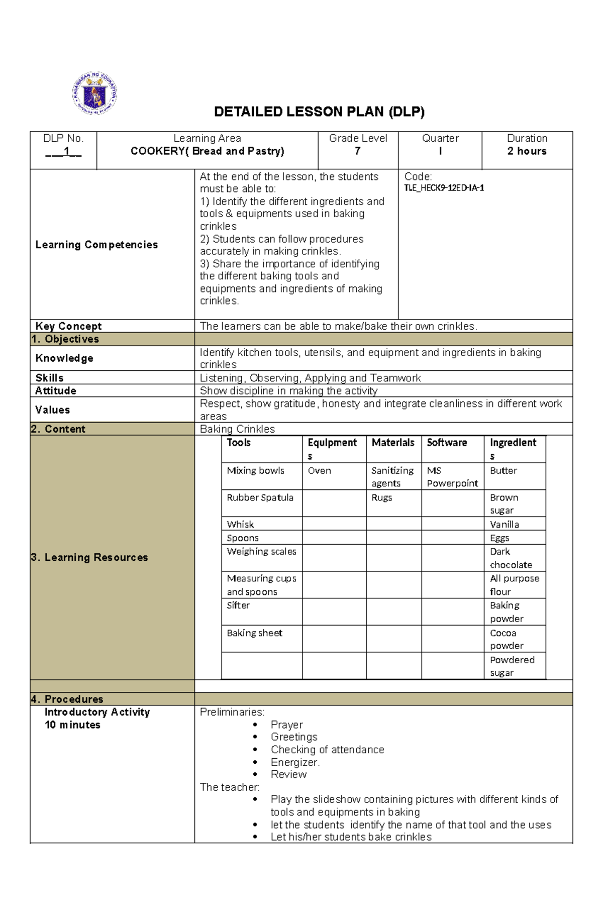 Detailed Lesson Plan - DETAILED LESSON PLAN (DLP) DLP No. _1 Learning ...