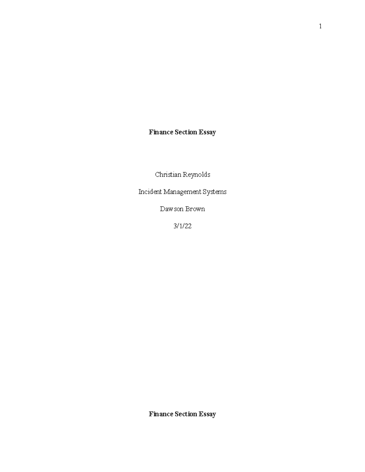 Finance Section Essay - Finance Section Essay Christian Reynolds ...