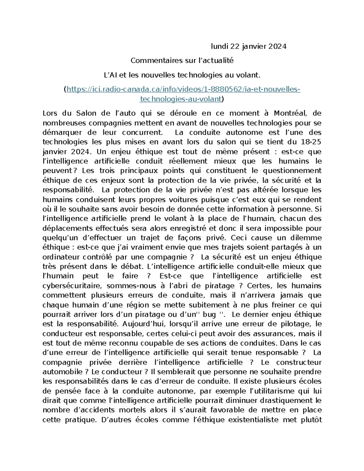 Exemple de commentaire actualité - lundi 22 janvier 2024 Commentaires ...