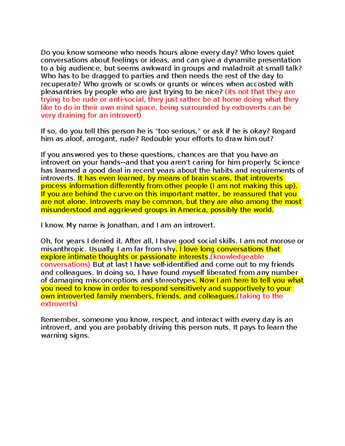 Caring for your introvert- reading piece with notes - Do you know ...