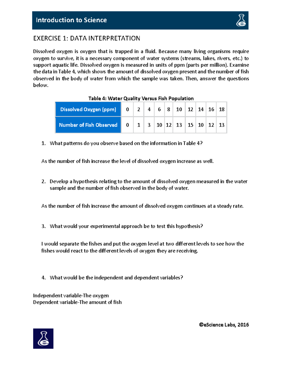 Bio-211 lap report/with questions and answers - EXERCISE 1: DATA INTERPRETATION Dissolved oxygen ...