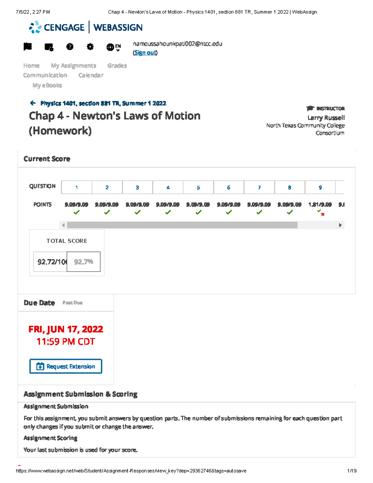 Newton's Laws of Motion - Web Assign Homework - EN namoussahounkpati002 ...