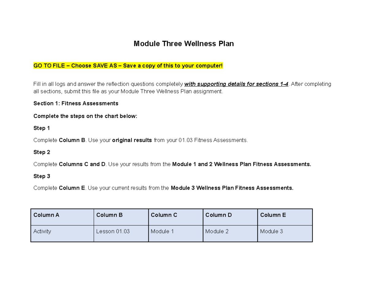 Module three wellness plan - Module Three Wellness Plan GO TO FILE ...