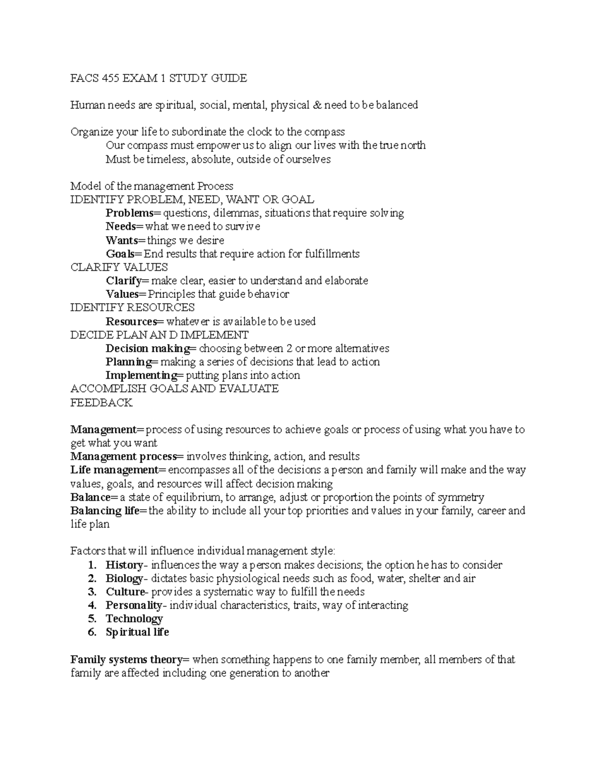FACS 455 EXAM 1 Study Guide - FACS 455 EXAM 1 STUDY GUIDE Human needs ...