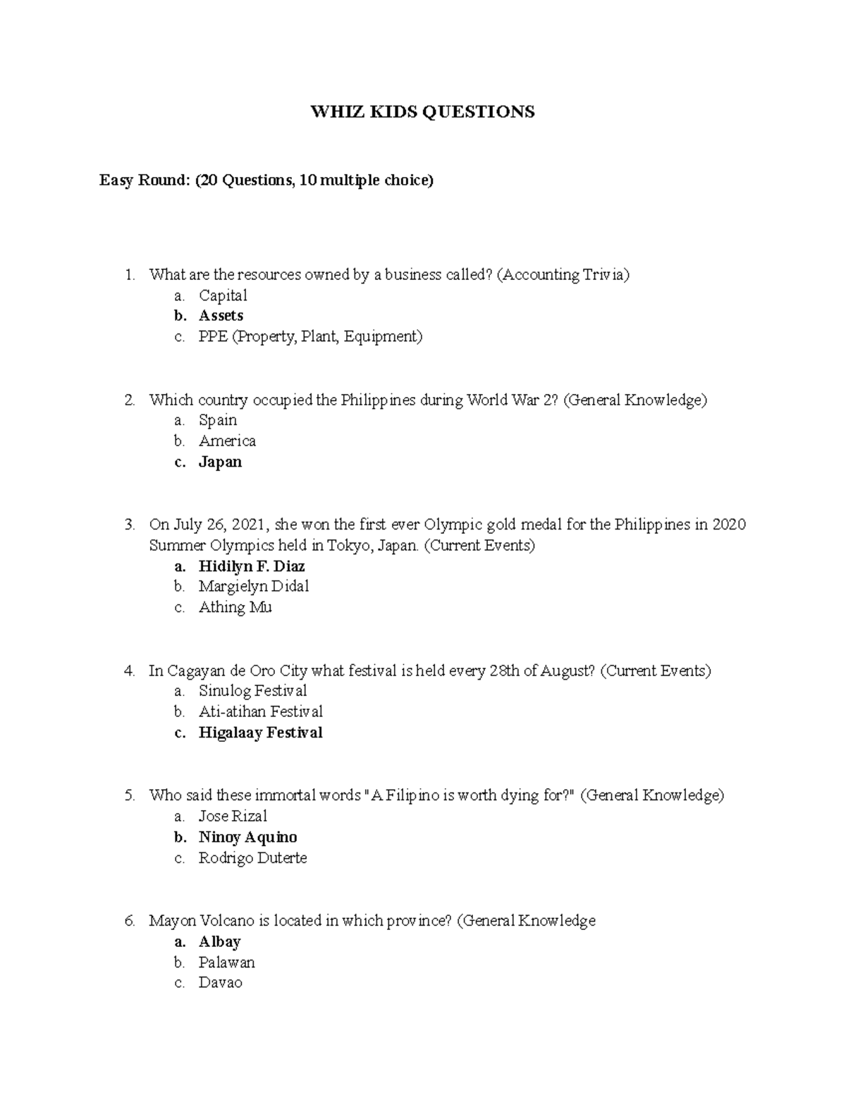 WHIZ KIDS Questions Final - WHIZ KIDS QUESTIONS Easy Round: (20 ...