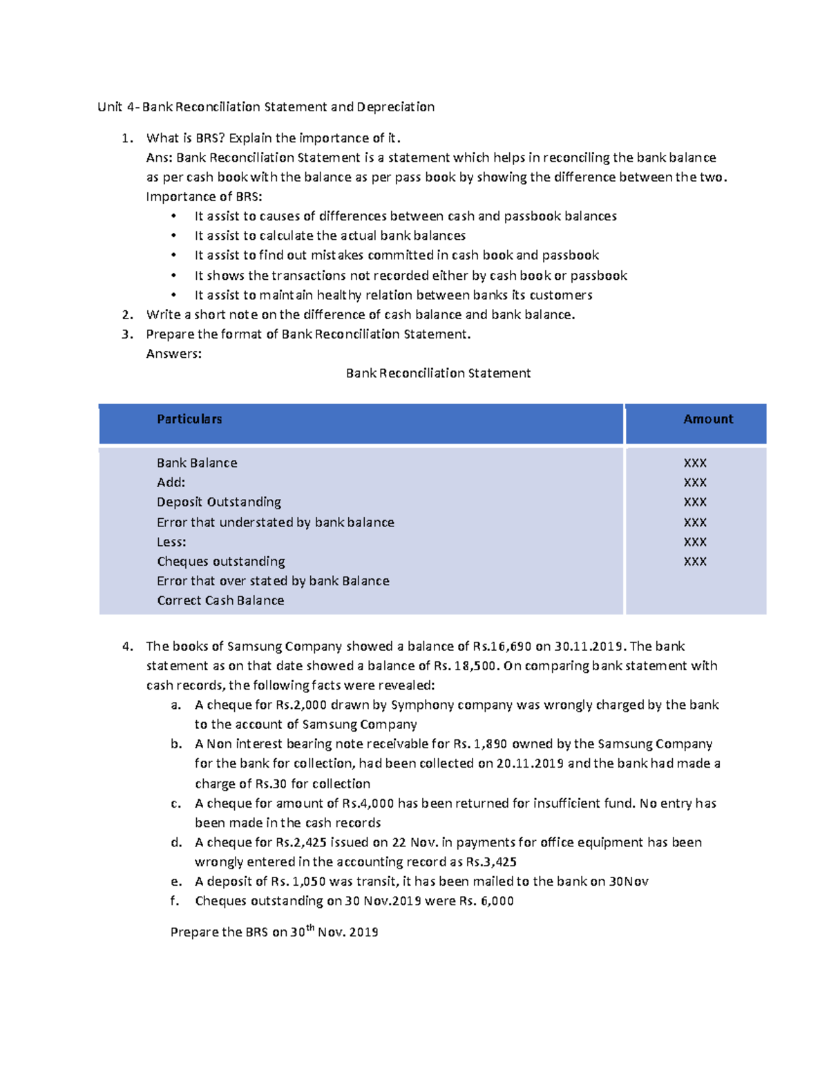 Unit 4 qa - QUESTION ANSWER - Unit 4- Bank Reconciliation Statement and ...