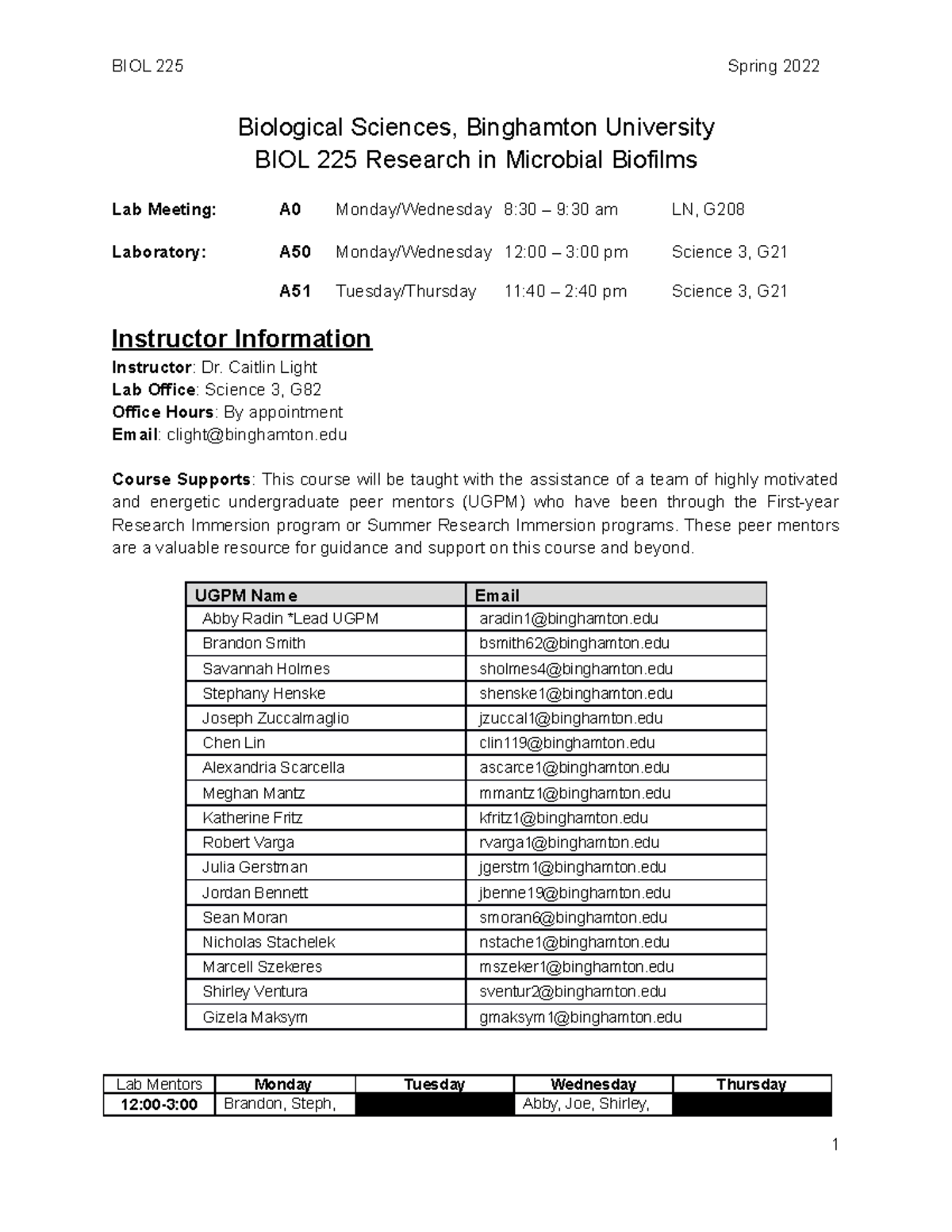 Spring 2022BIOL225Syllabus 01 - Biological Sciences, Binghamton ...