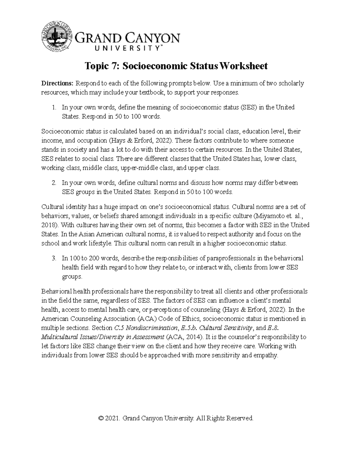 SES Worksheet - got a 100% - Topic 7: Socioeconomic Status Worksheet ...