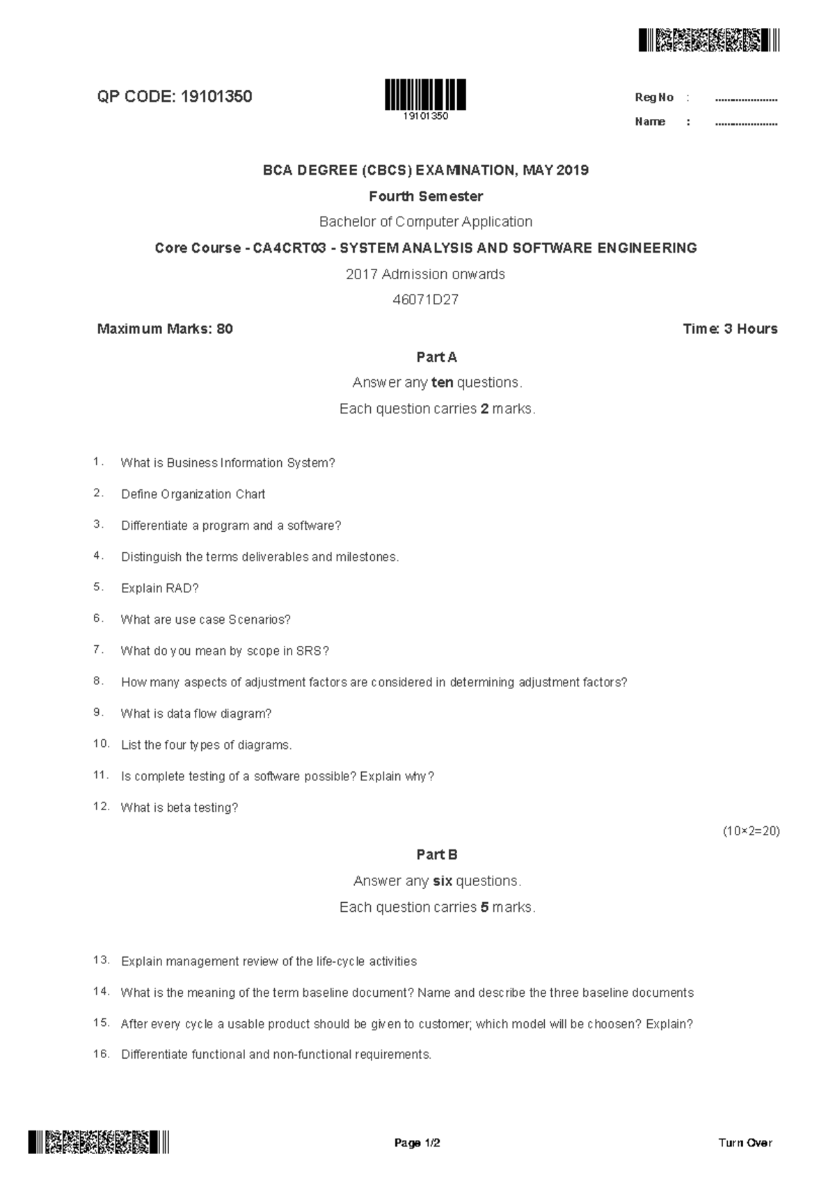 SASE2019 - SASE previous year question paper 2019 MG university - QP CODE: 19101350Maximum Marks ...