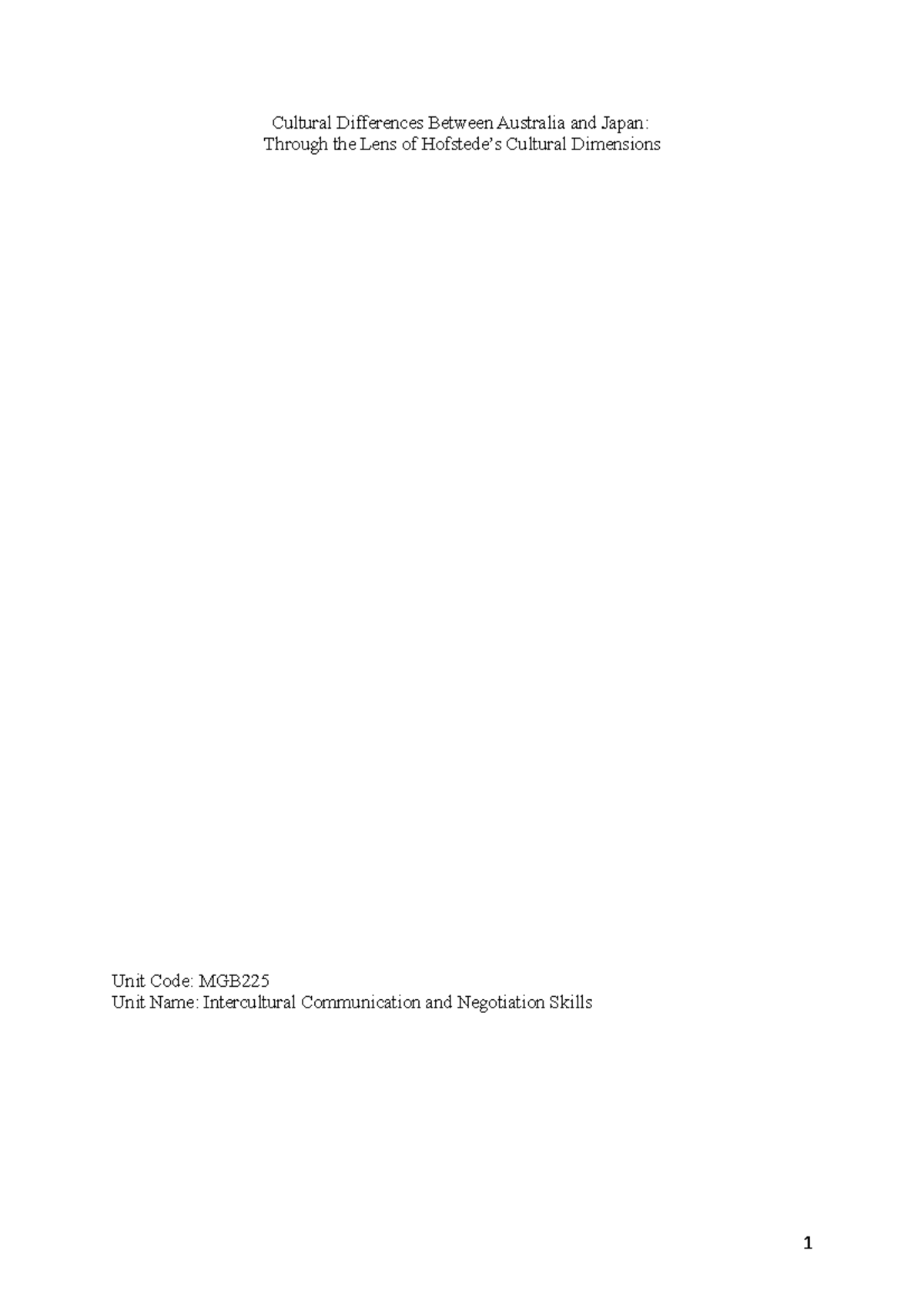 MGB225 Assignment 1 - Grade: 5 - Cultural Differences Between Australia ...