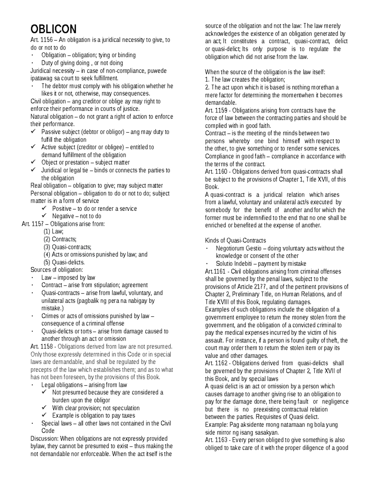 Obligations and Contracts Reviewer - OBLICON Art. 1156 – An obligation ...
