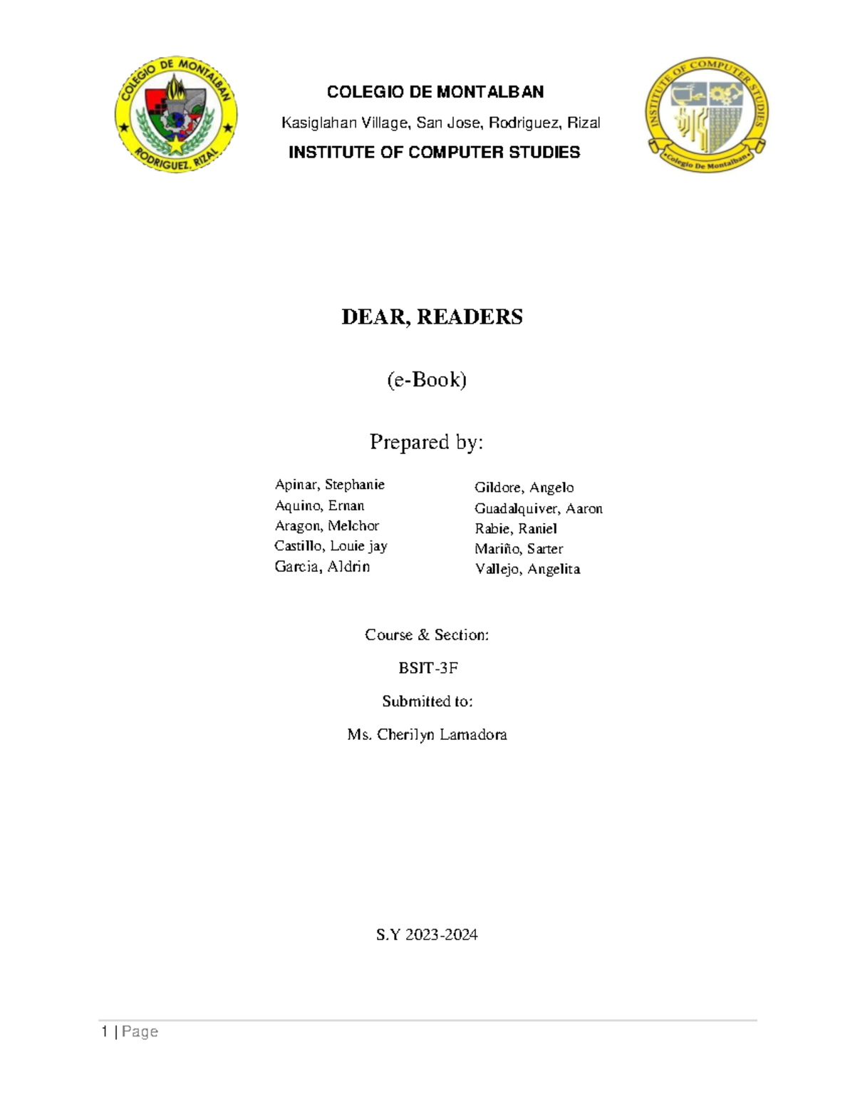 Dear.Readers final - FNGH - DEAR, READERS (e-Book) Prepared by: Course ...