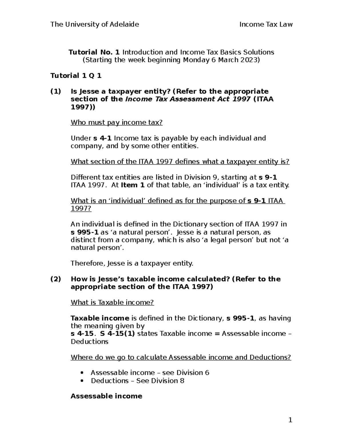 Tutorial No 1 Introduction and Income Tax Basics Solutions 2023, S1 ...