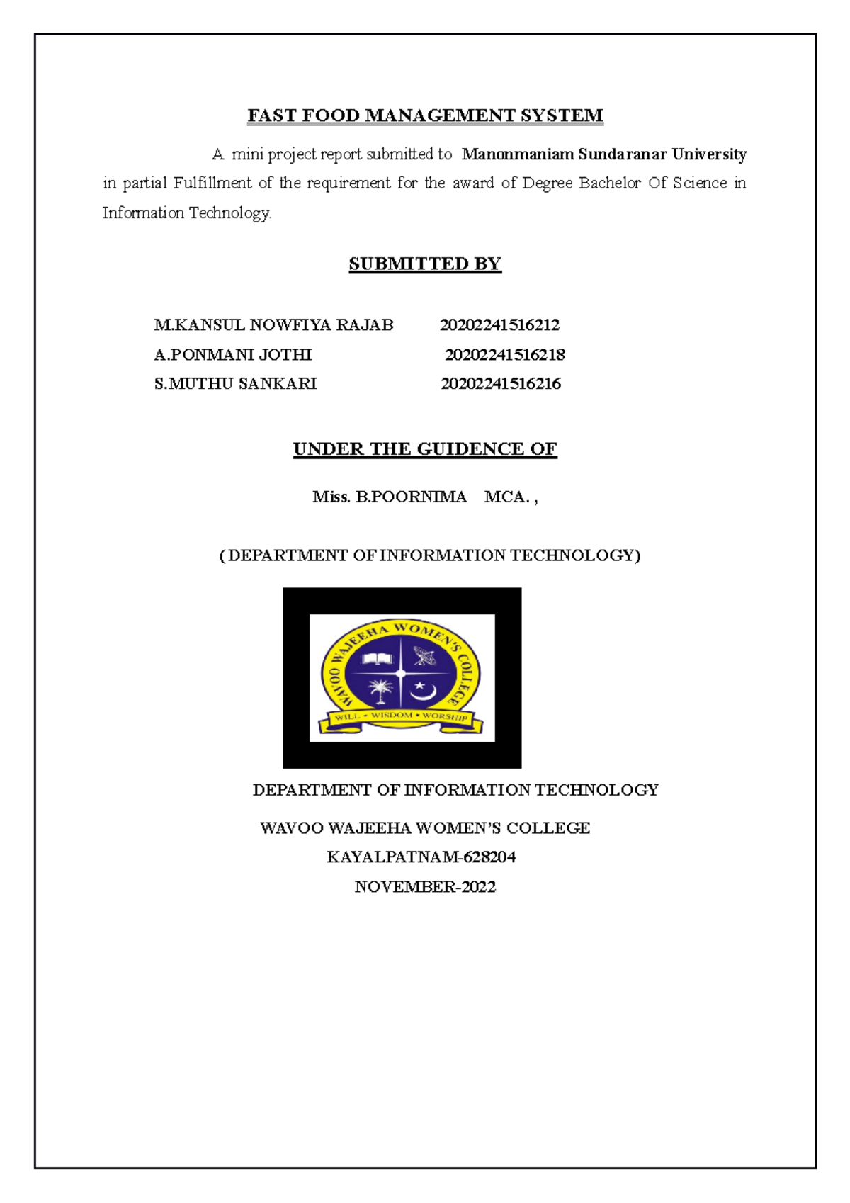 FAST FOOD Management System - FAST FOOD MANAGEMENT SYSTEM A mini ...