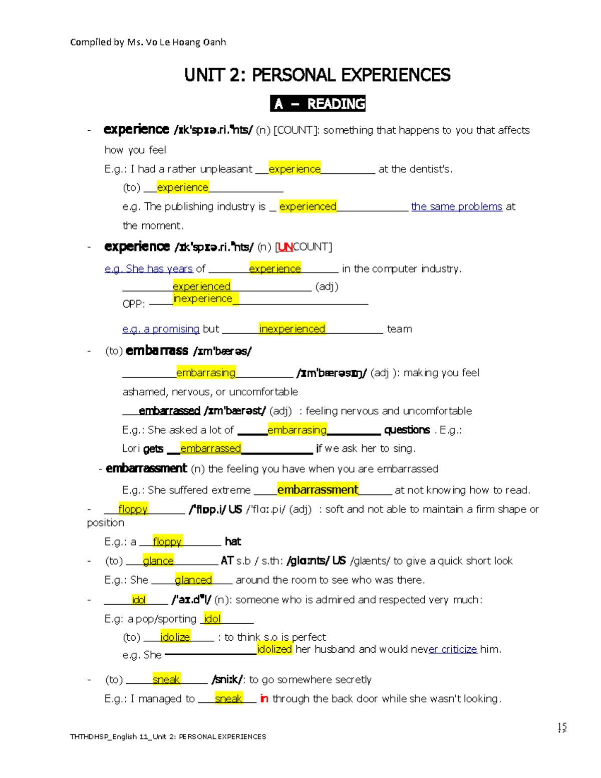 Unit 2 - Personal Experiences - Compiled by Ms. Vo Le Hoang Oanh 1515 ...